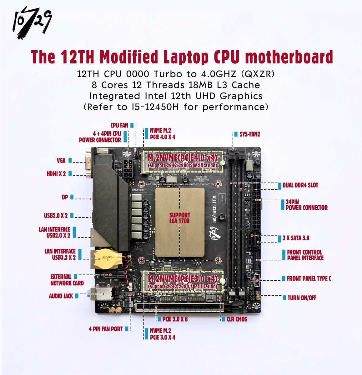 10729 The 12TH Modified Laptop CPU motherboard 10729 ITX 12450H (ES) Q ...